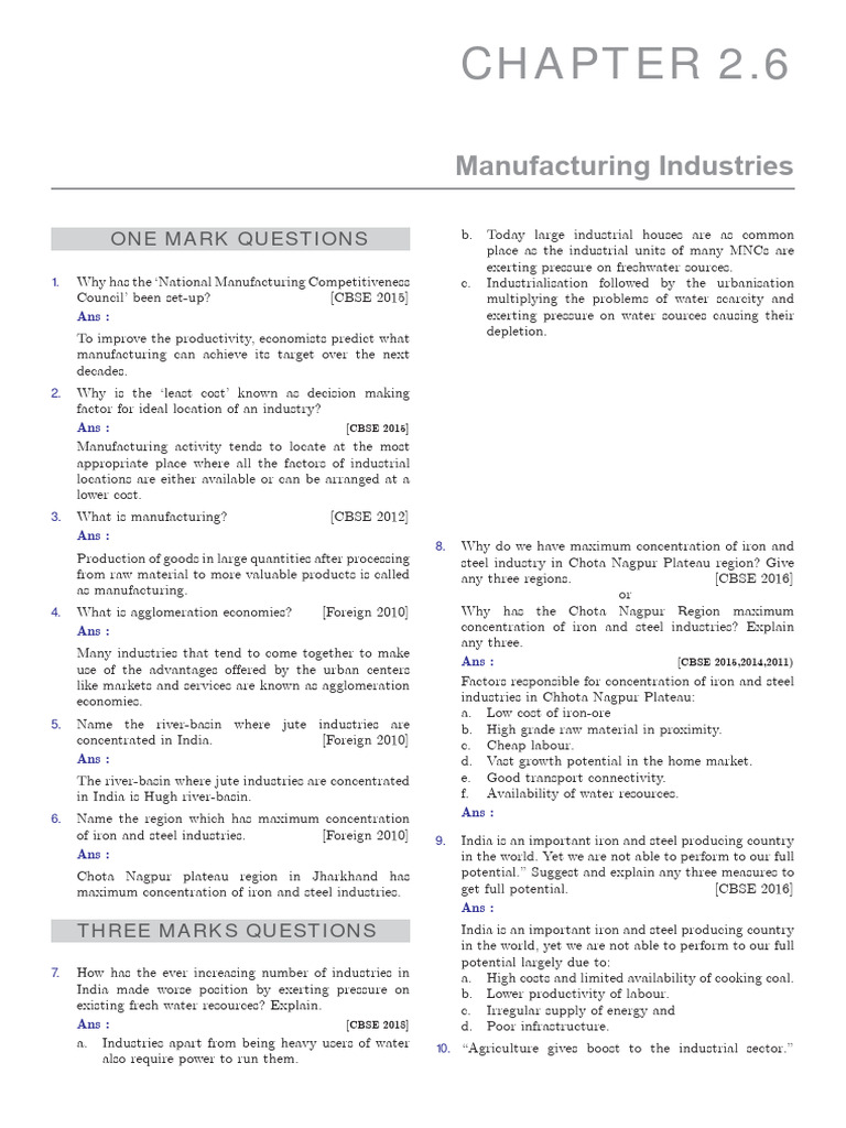 CBSE - Class - 10 - SST - Geography - Chapter - 6 - Manufacturing Industries | PDF | Textiles ...