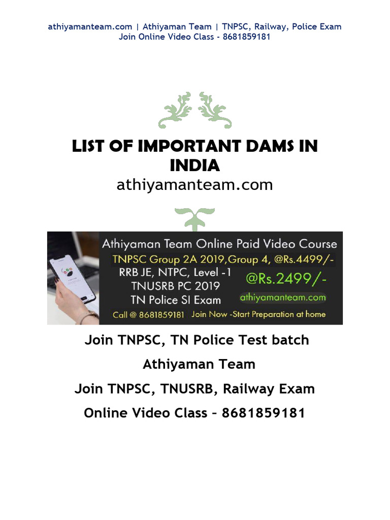 Important Dams in India Athiyaman Team | PDF