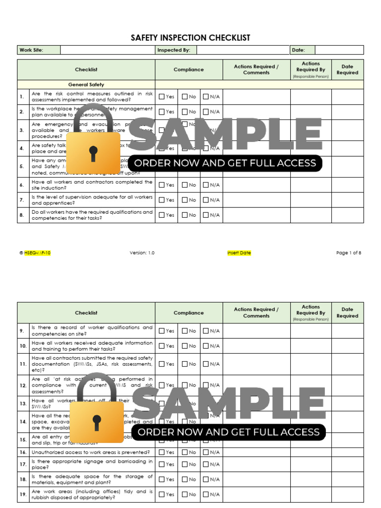 HSEQ MF 10 Safety Inspection Checklist Samplepdf | PDF | Occupational ...