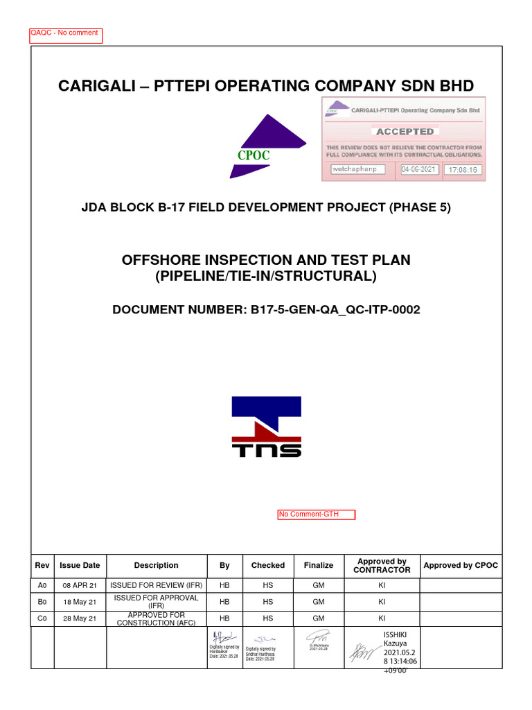 b17 5 Gen Qa_qc Itp 0002 Rev c0_accepted (Itp) | PDF | Nondestructive ...