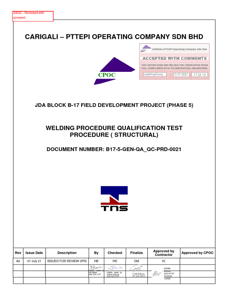 B17-5-Gen-Qa - qc-prd-0021 Rev A0 - Accepted With Comments (STR WPQT) | PDF | Welding | Construction