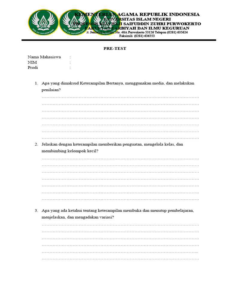 Pre Test Dan Post Test PPL 1 | PDF