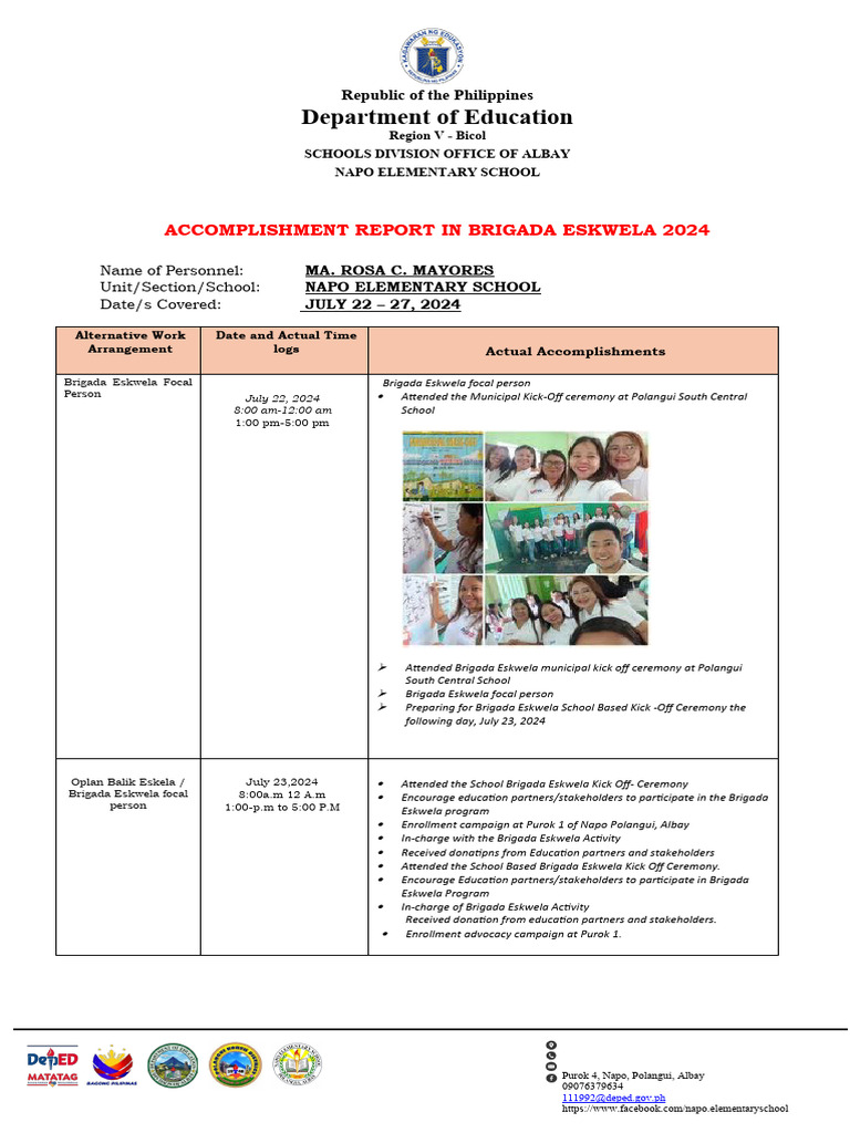 Mayores-Brigada Eskwela Accomplishment Report | PDF