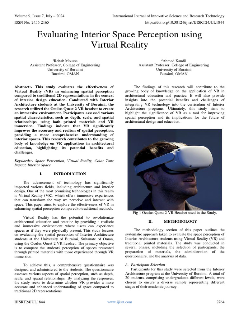 Evaluating Interior Space Perception using Virtual Reality | PDF | Virtual Reality