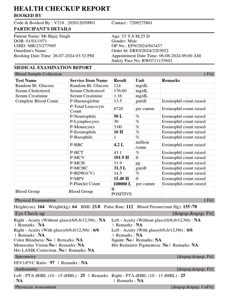 Health Checkup Report for Mr. Bijay Singh | PDF | Physical Examination ...