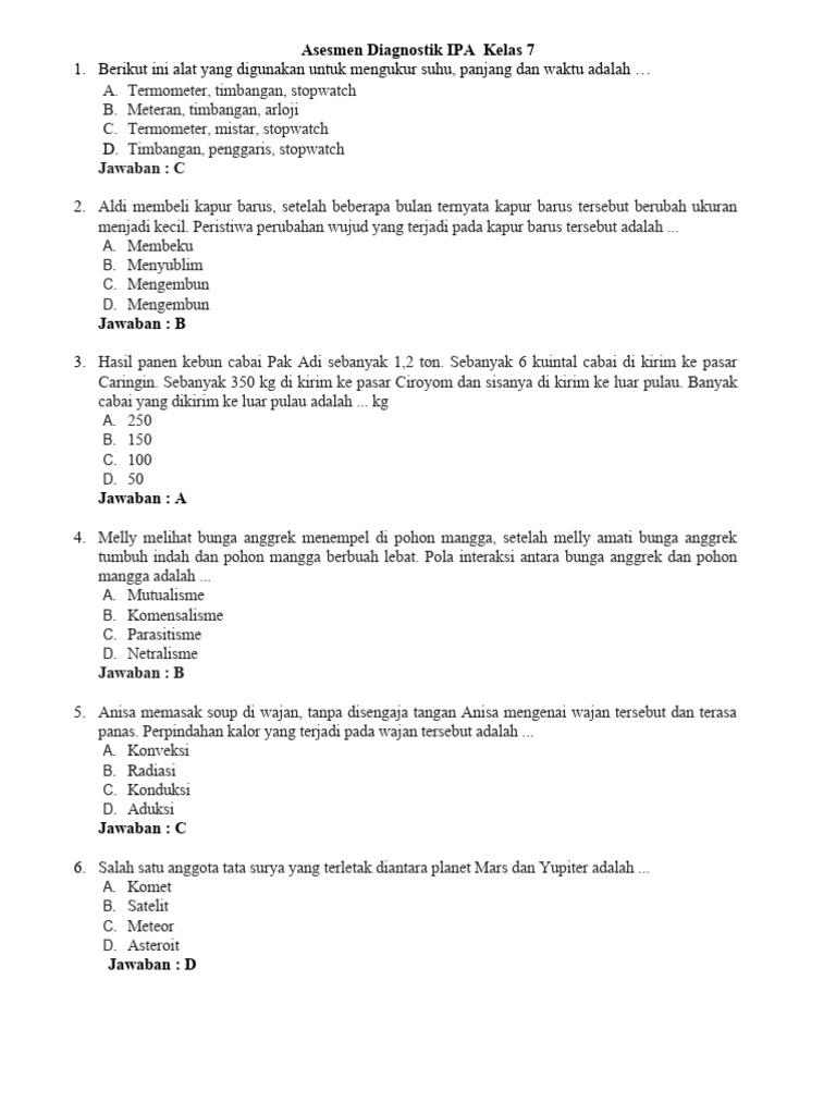 Asesmen Diagnostik IPA Kelas 7 | PDF | Sains & Matematika