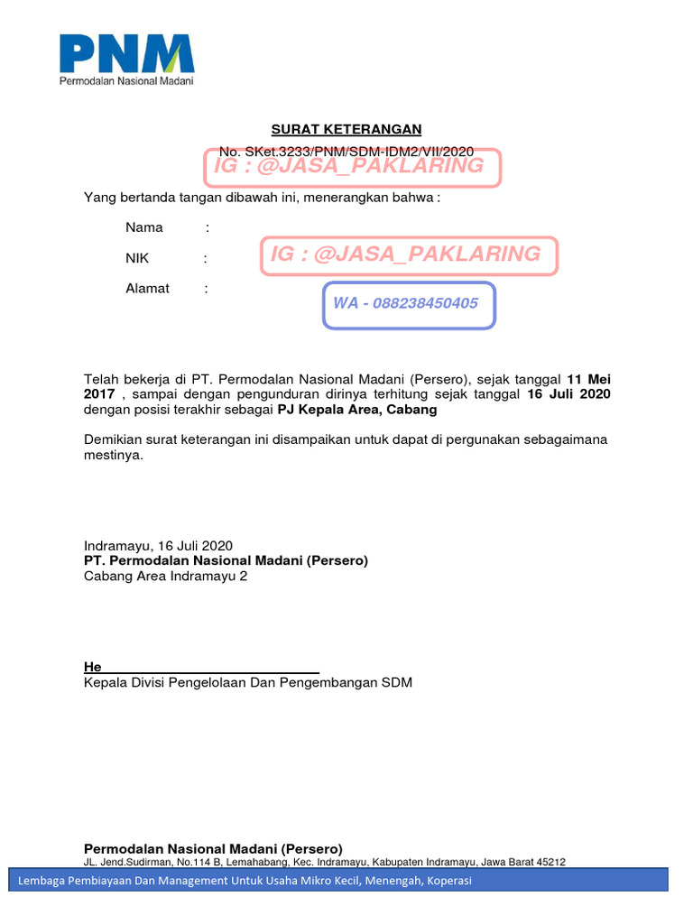 Surat Keterangan Kerja PT PNM | PDF