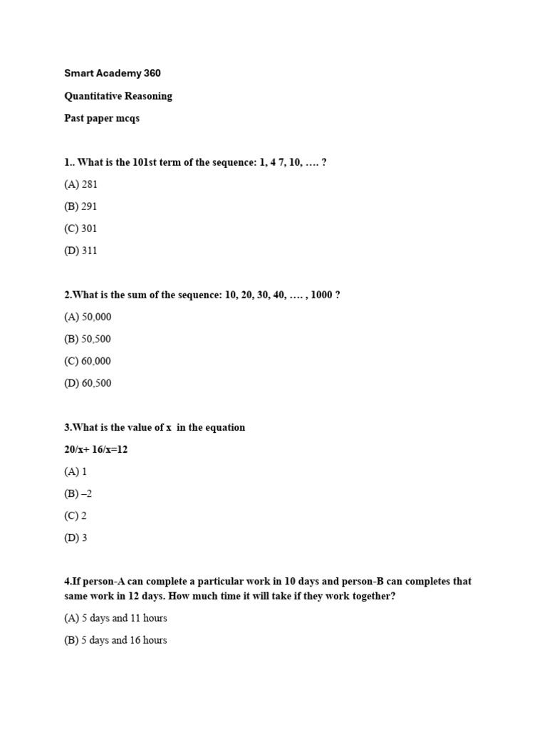Quantitative Reasoning Past Paper Mcqs | PDF | Equations | Mathematics Quantitative Reasoning Past Paper Mcqs | PDF | Equations | Mathematics