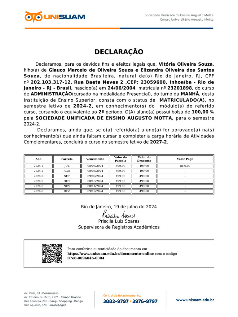 declaração riocard | PDF
