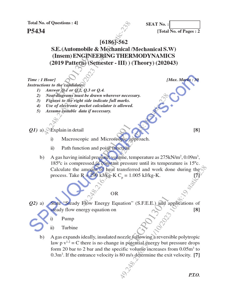 Be Mechanical Engineering Semester 3 2023 October Engineering Thermodynamics Et Pattern 2019 ...