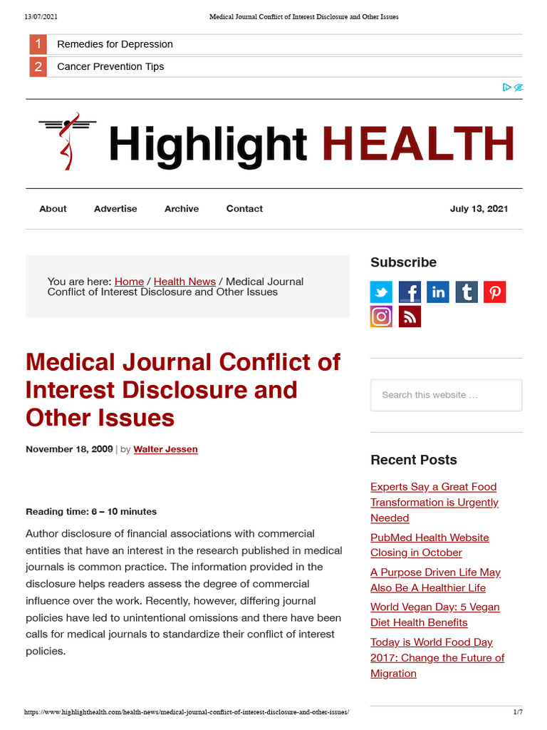 2009 Medical Journal Conflict of Interest Disclosure and Other Issues ...
