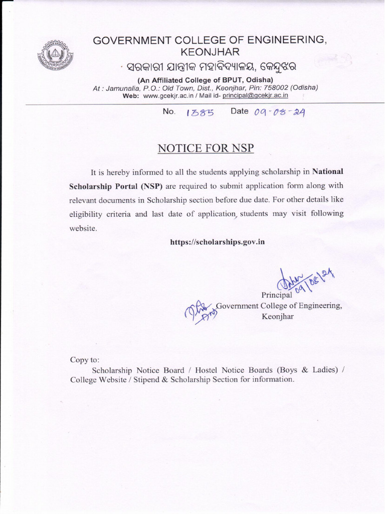 7346notice for Submission of Application Form Along With Required Documents for Nsp Scholarships ...