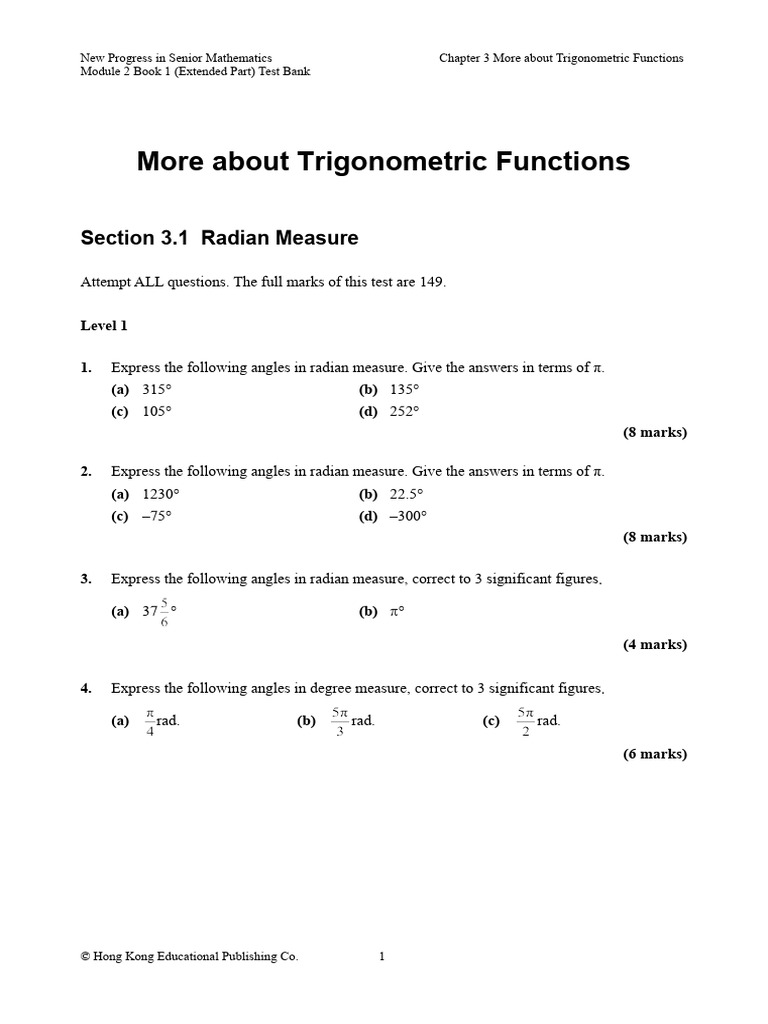 More About Trigonometric Functions: Section 3.1 Radian Measure | PDF ...