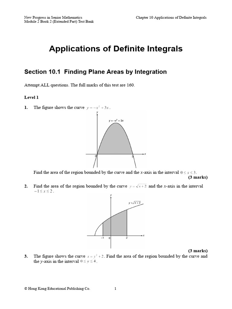 Applications of Definite Integrals: Section 10.1 Finding Plane Areas by Integration | PDF ...