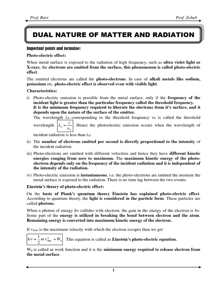 DUAL NATURE OF MATTER AND RADIATION MCQS AND NOTES | PDF ...