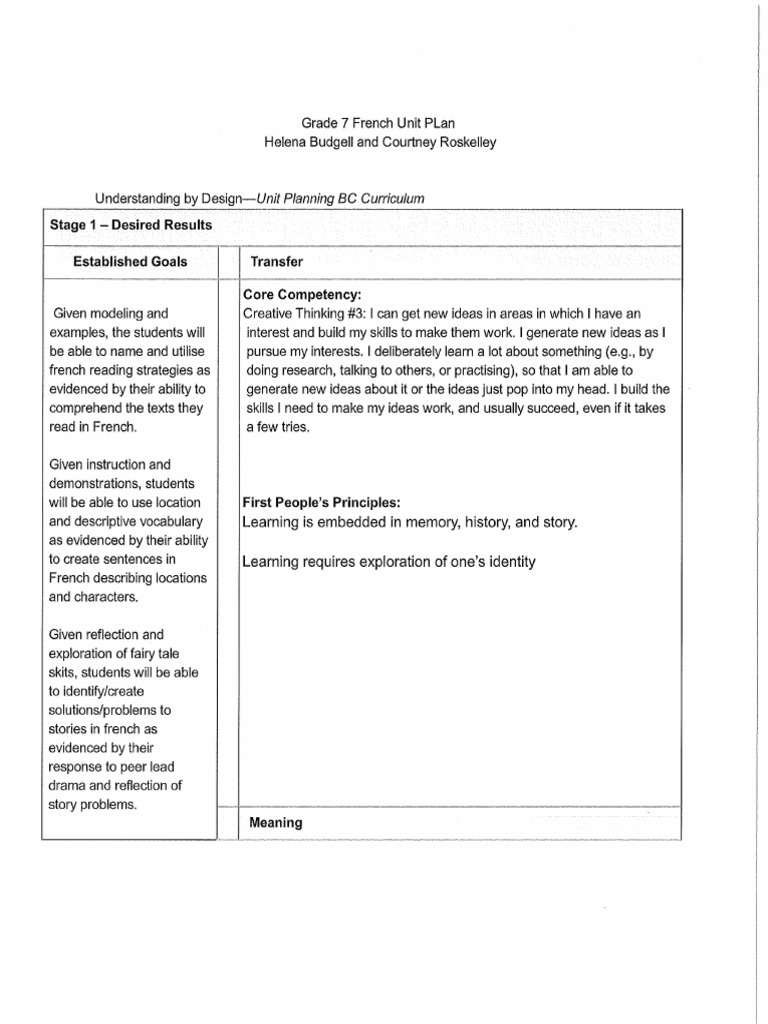 French Unit Plan and Lessons Grade 7 | PDF