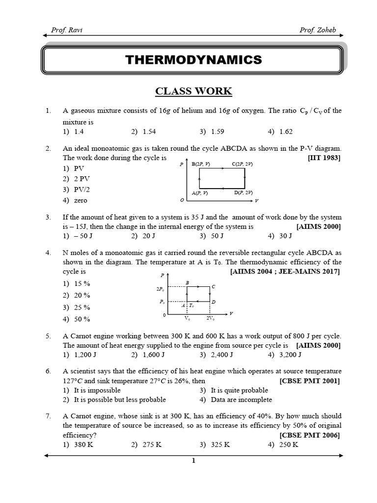 Thermodynamics Class Work Exercises | PDF | Heat | Gases