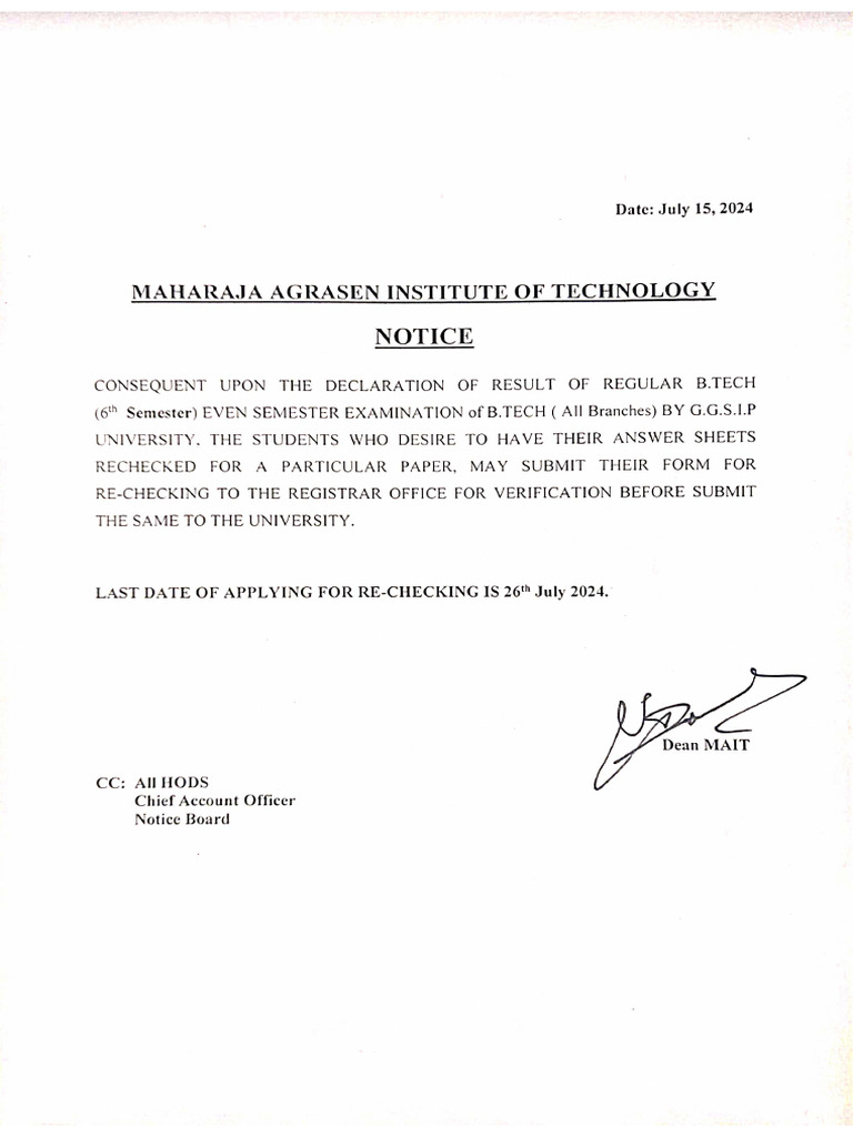 Notice - B.tech 6th Sem Result Rechecking | PDF