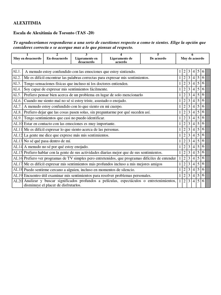 Evaluación de Alexitimia TAS-20 | PDF