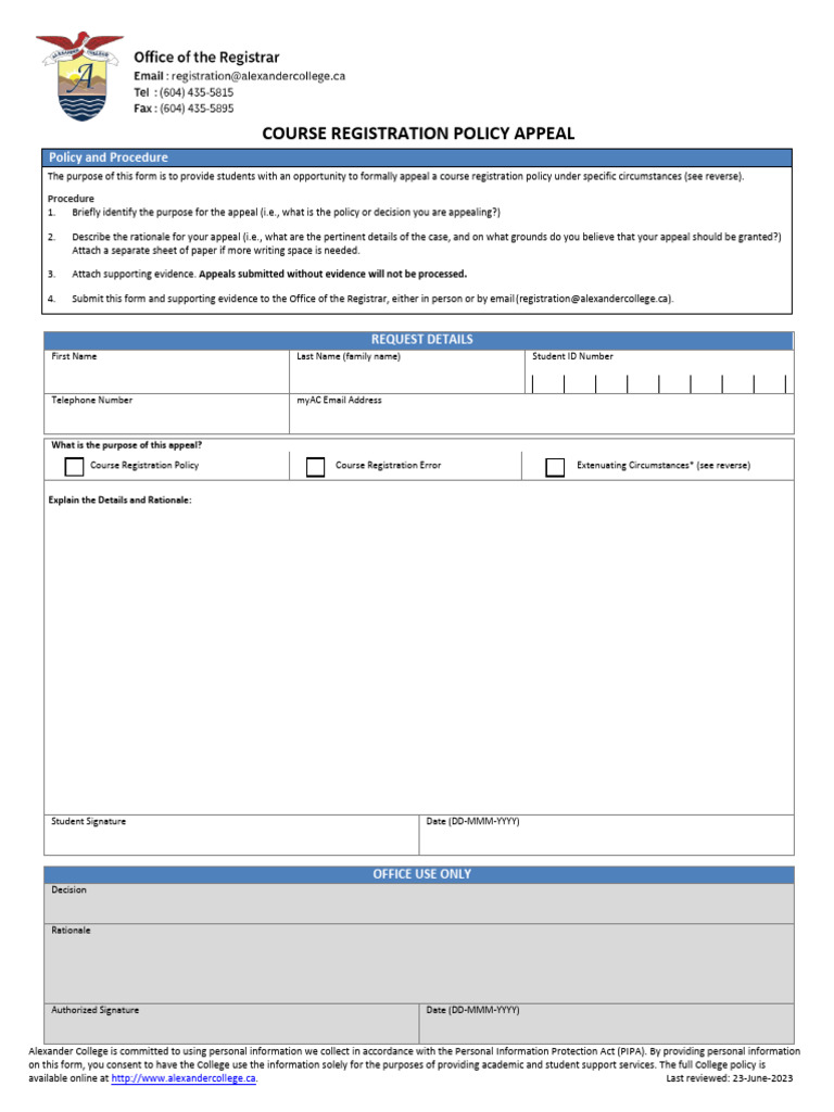 Course Registration Policy Appeal Form Fillable | PDF | Appeal | Policy
