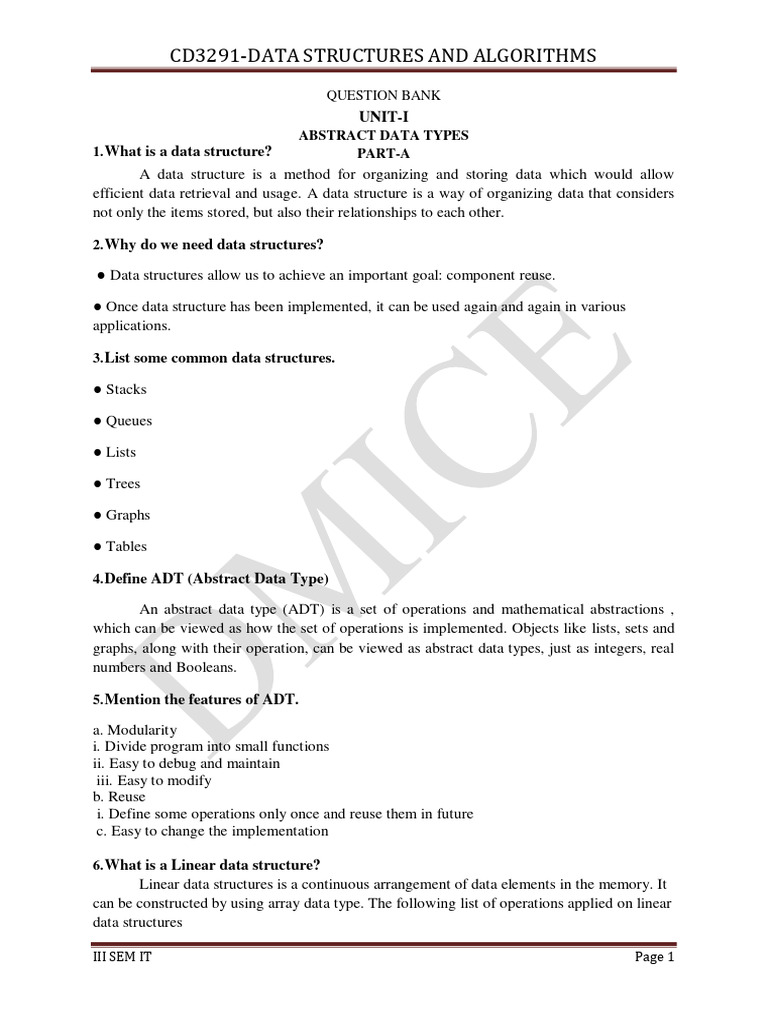 Cd3281 Dsa Question Bank Pdf Inheritance Object Oriented Programming Class Computer