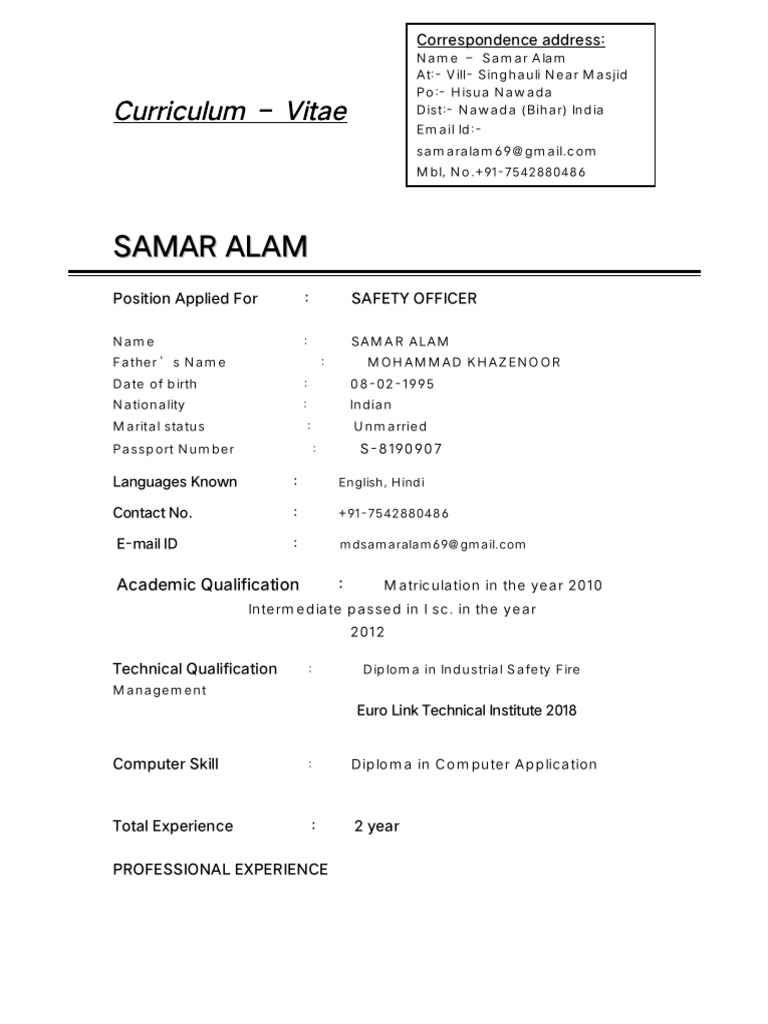 SAMAR ALAM RESUME | PDF | Workplace | Working Conditions