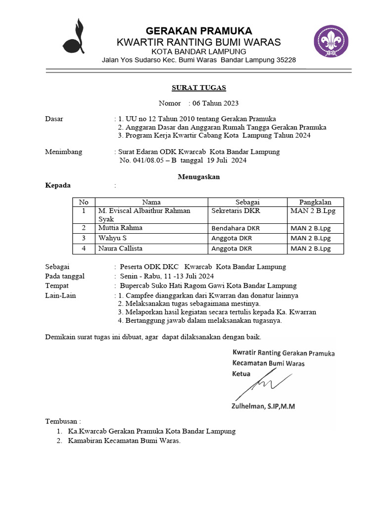 Surat Tugas ODK Kwarcab 2024 | PDF