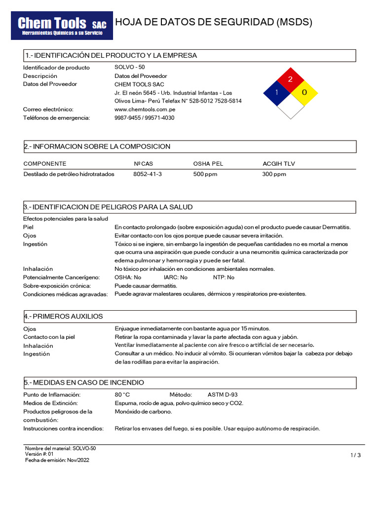 MSDS SOLVO - 50 | PDF | Residuos | Agua