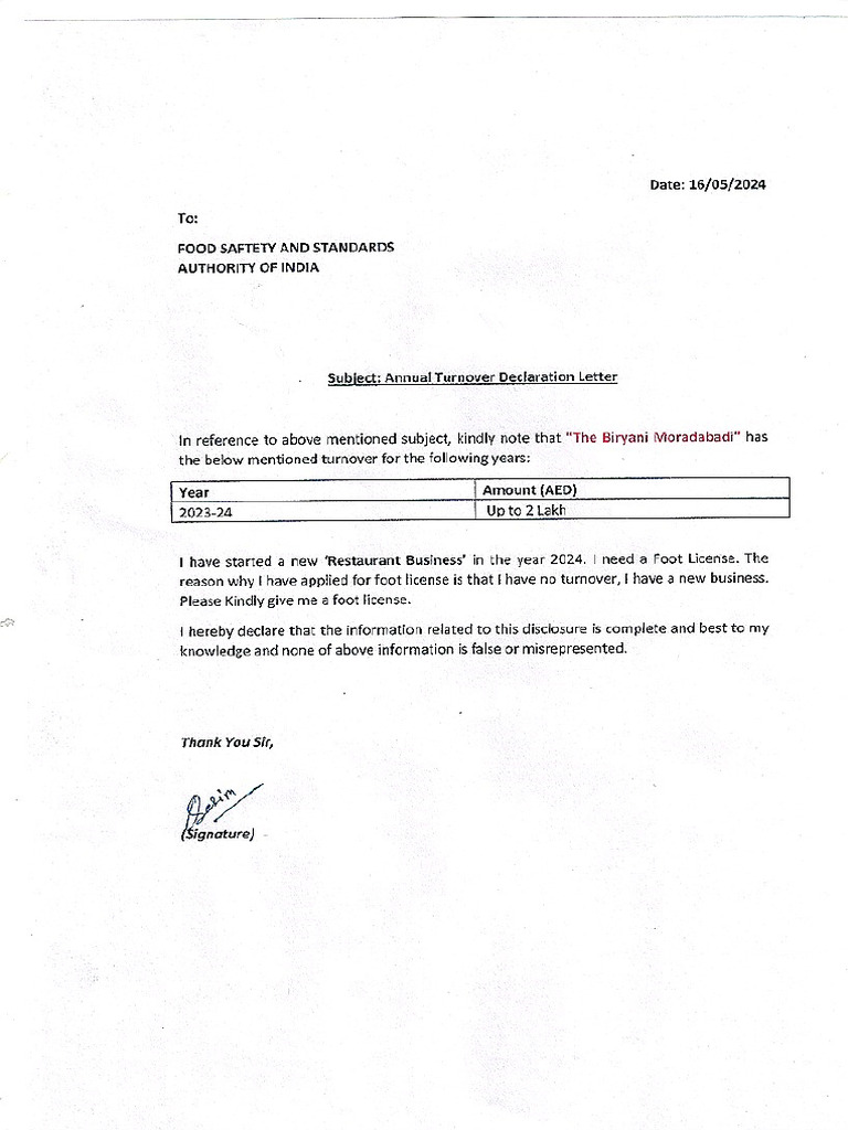 Delaration Letter Form Food License | PDF