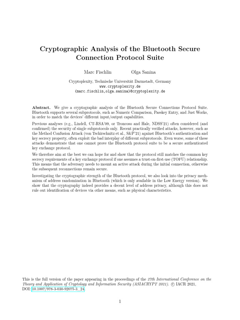 2021-1597.cryptographic Analysis of The Bluetooth | PDF | Bluetooth ...