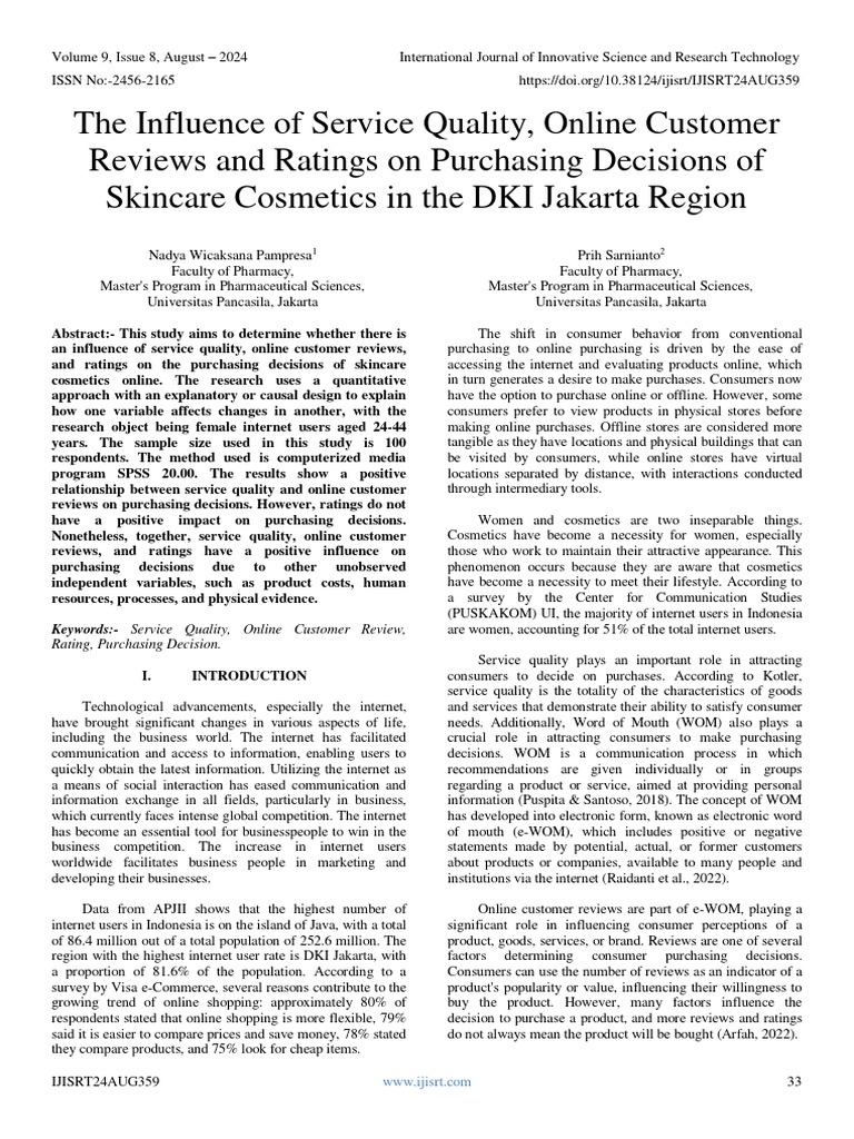 The Influence of Service Quality, Online Customer Reviews and Ratings ... The Influence of Service Quality, Online Customer Reviews and Ratings ...