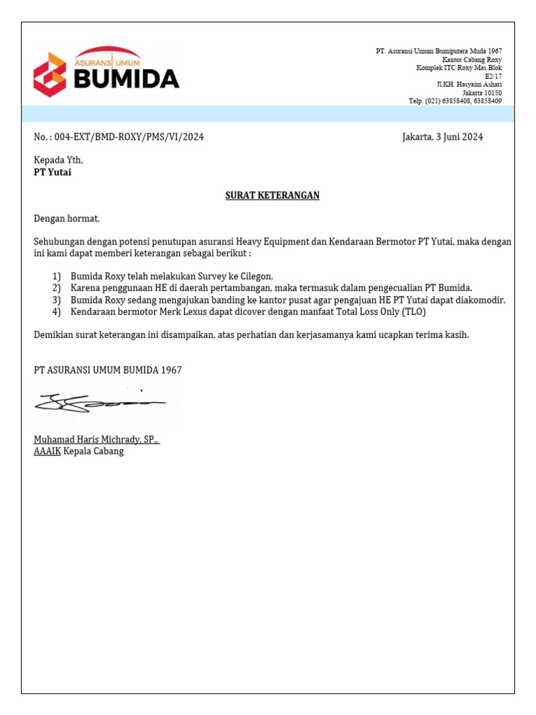 004 - Surat Keterangan Penutupan Asuransi HE Dan KB - PT Yutai | PDF
