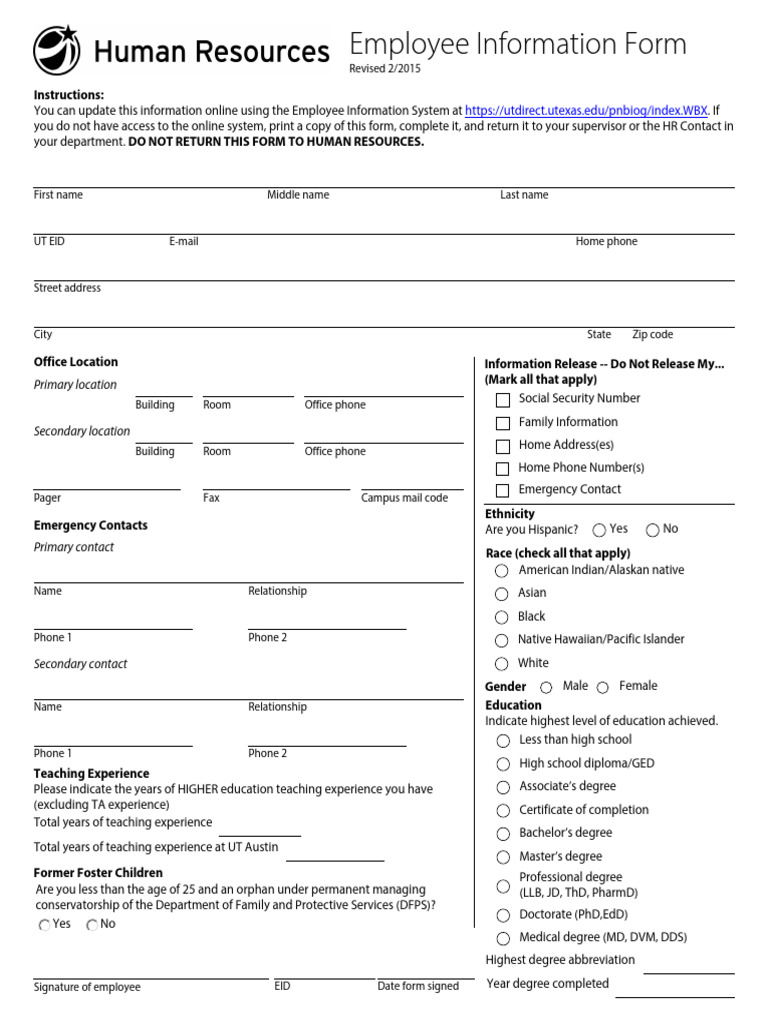 Fillable Employee Information Form | PDF | Academic Degree | Race And ...