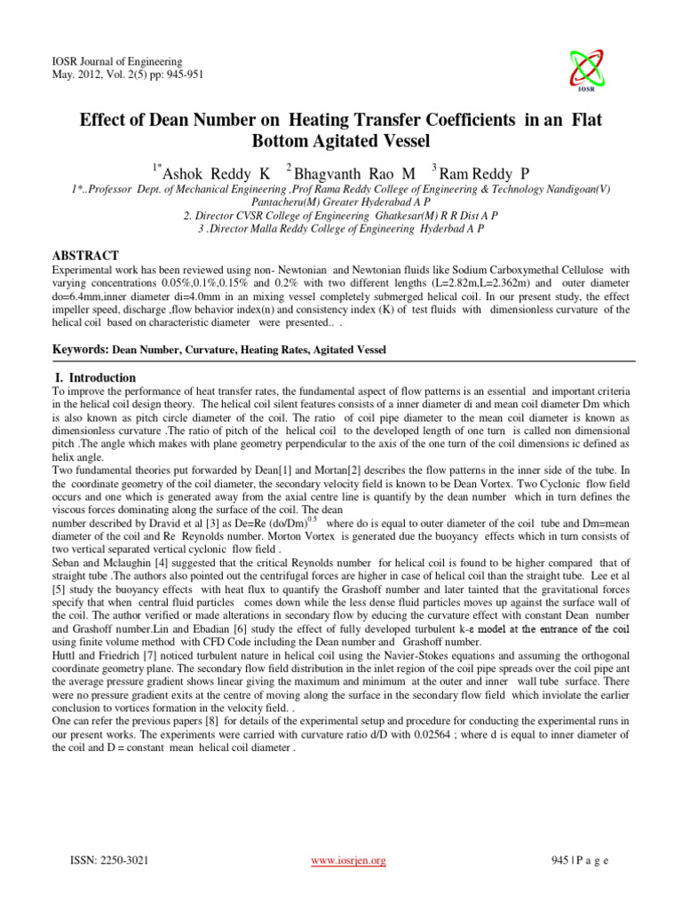 Effect of Dean Number On Heating Transfer Coefficients in An Flat ...