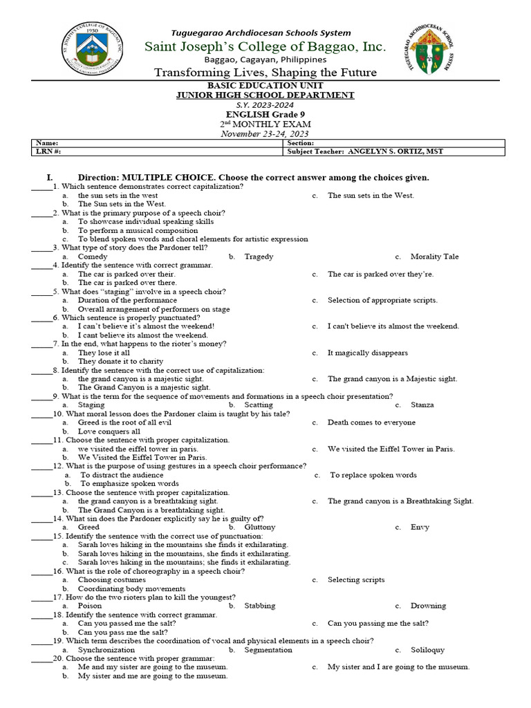 English 2nd Monthly Exam | PDF