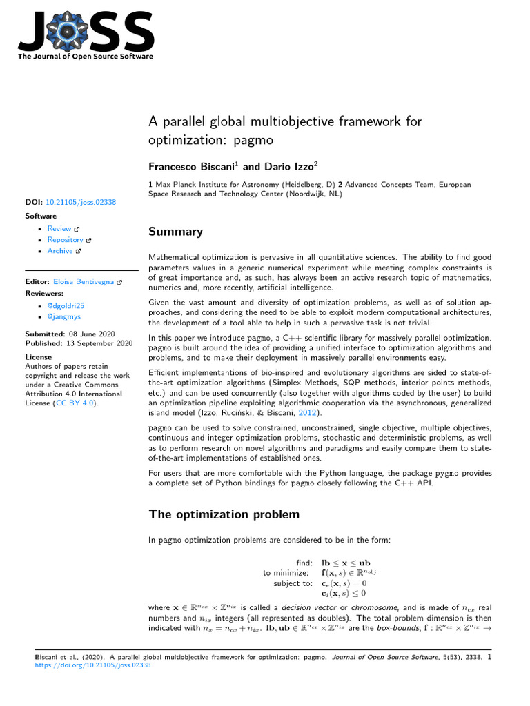 A parallel global multiobjective framework for optimization pagmo | PDF | Mathematical ...