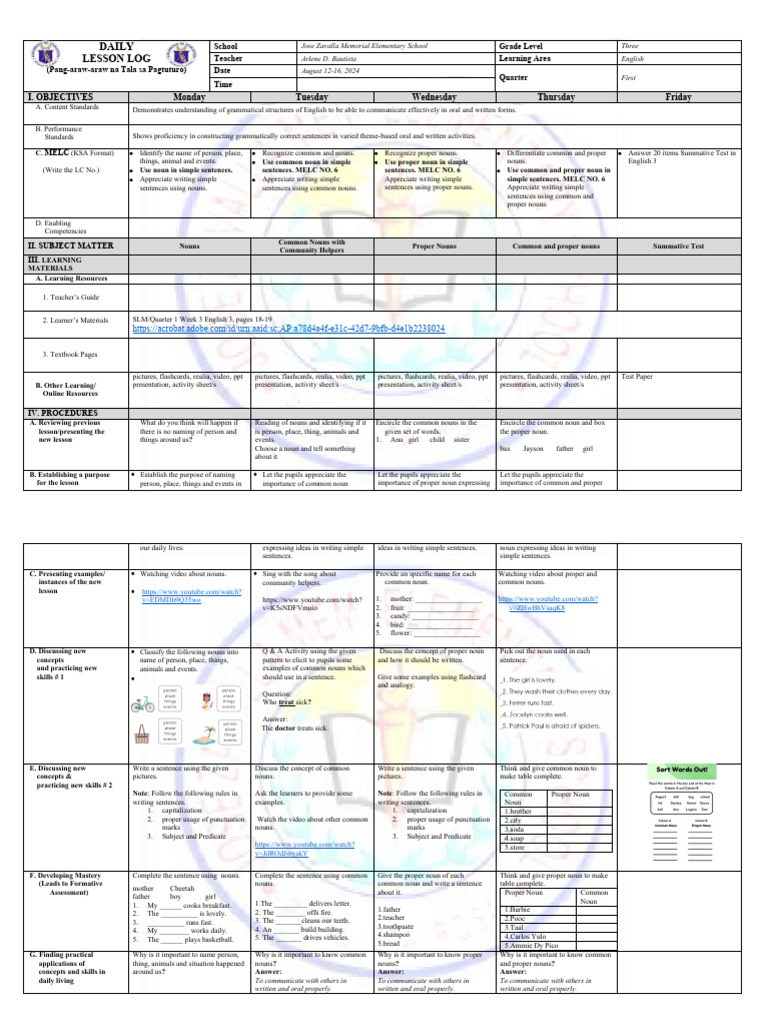 Q1-W4-EnGLISH 3-Noun, Common & Proper | PDF | Noun | Linguistics