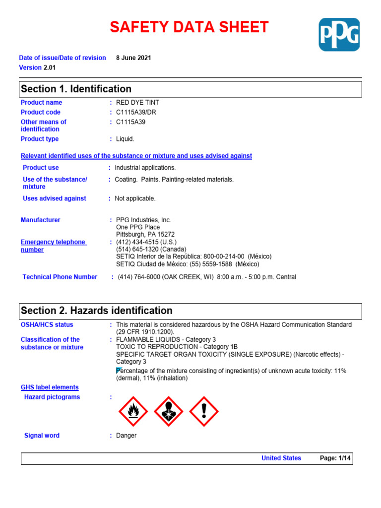 Red Dye Tint MSDS | PDF | Toxicity | Chemistry