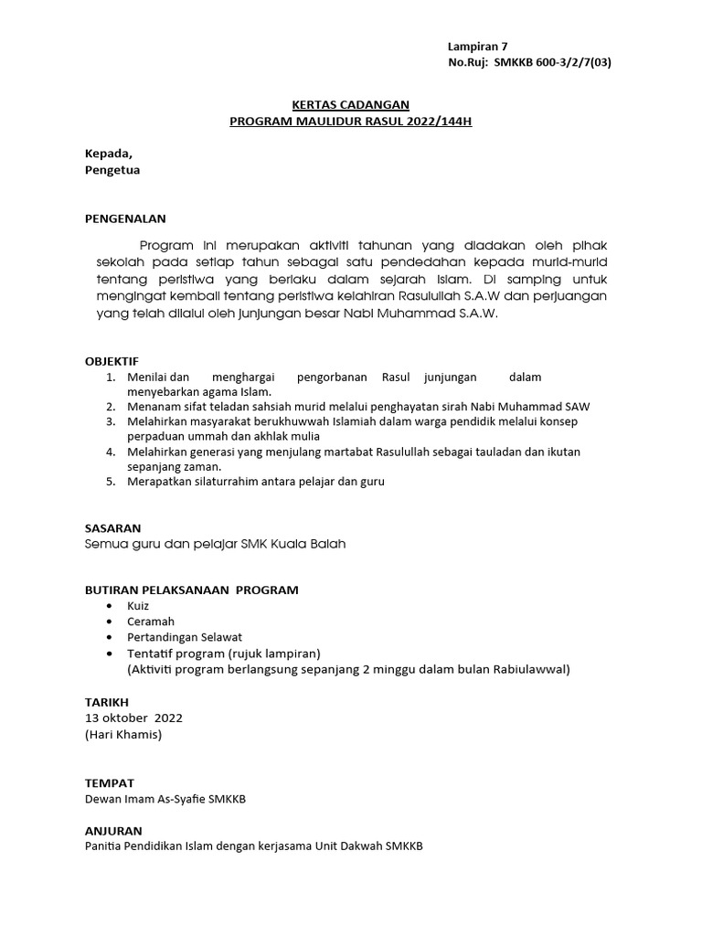 Kertas Kerja MAULIDUR RASUL SMKKB 2022 | PDF