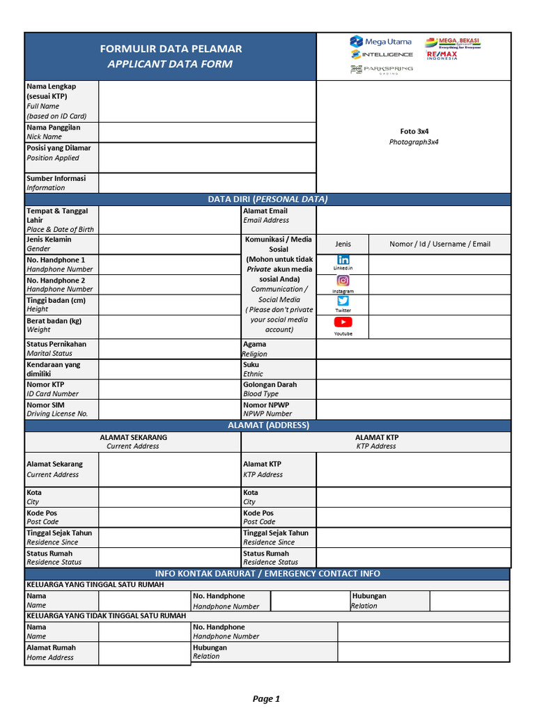 Formulir Data Pelamar Kerja Lengkap | PDF