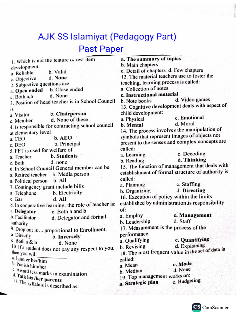 AJK PSC SS Islamiyat (Pedagogy Part) Past Paper | PDF