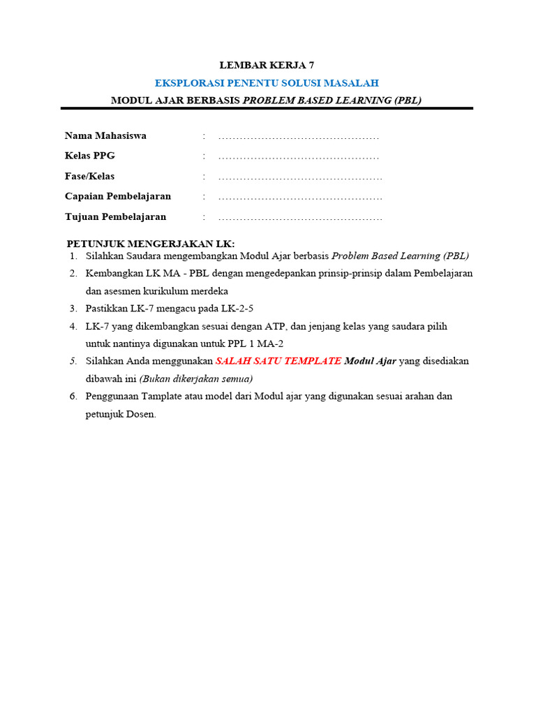 LK 7 - Penyusunan Modul Ajar PBL - K2 | PDF LK 7 - Penyusunan Modul Ajar PBL - K2 | PDF