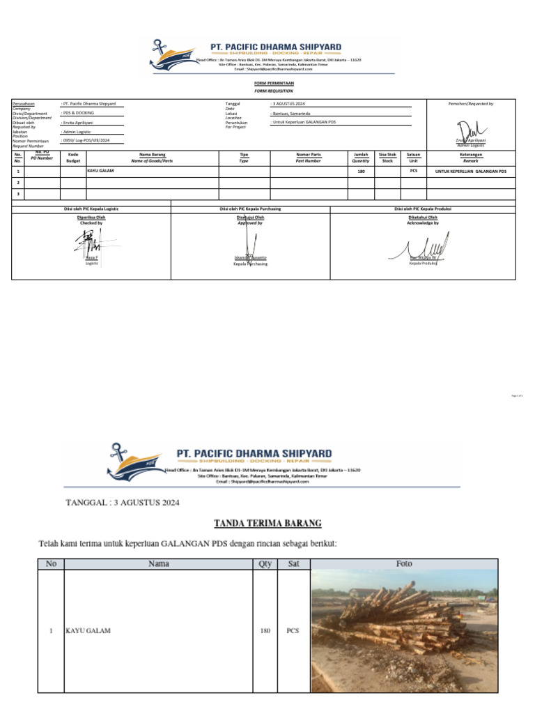 0961 - Form Tanda Terima Barang Untuk Keperluan Galangan Pds - 3 Agustus 2024 | PDF