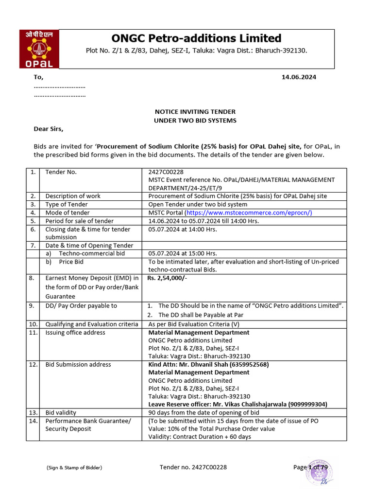 ONGC Petro-Additions Limited: (Sign & Stamp of Bidder) | PDF | Payments ...