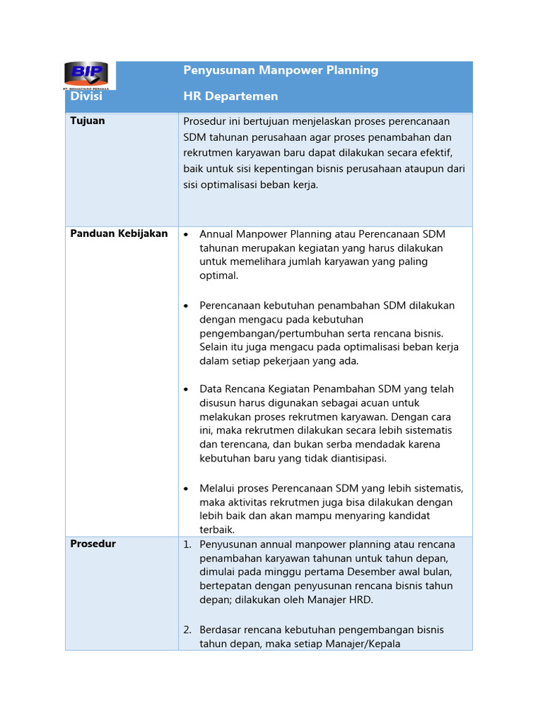 1 SOP Penyusunan Manpower Planning | PDF