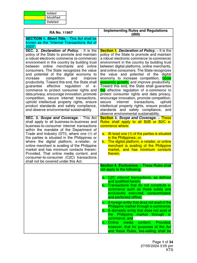 RA No 11967 X IRR Matrix.24.05.27.001.KTS | PDF | E Commerce | Online ...