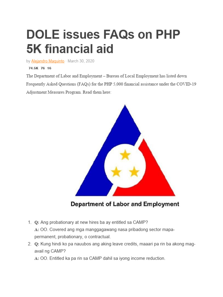 DOLE Issues FAQs On PHP 5K Financial Aid | PDF