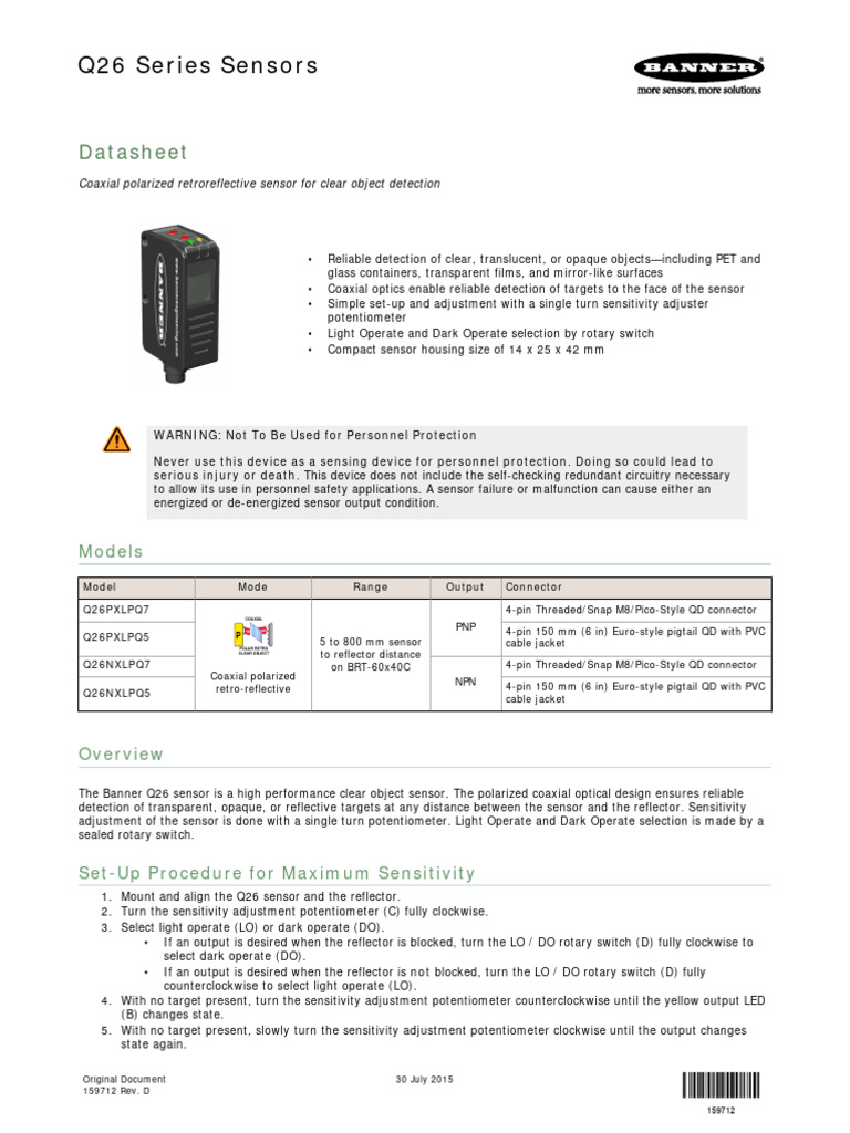 Q26 Series Sensors: Datasheet | PDF | Bipolar Junction Transistor | Sensor