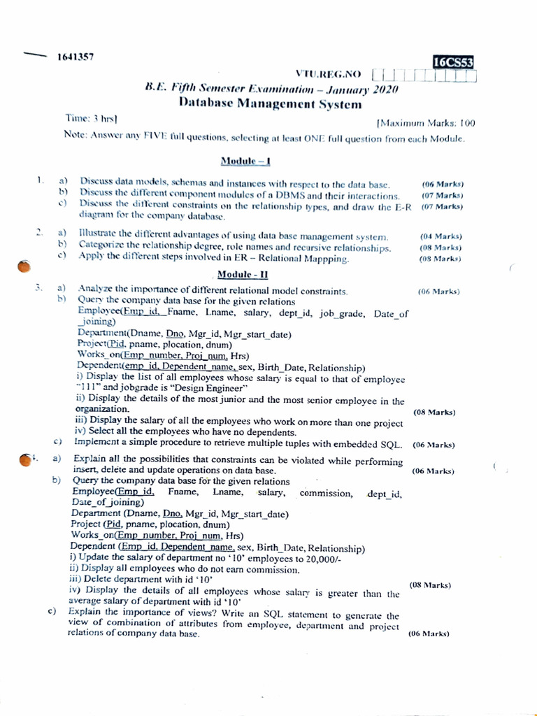 DBMS Previous Yr QP | PDF | Databases | Relational Database