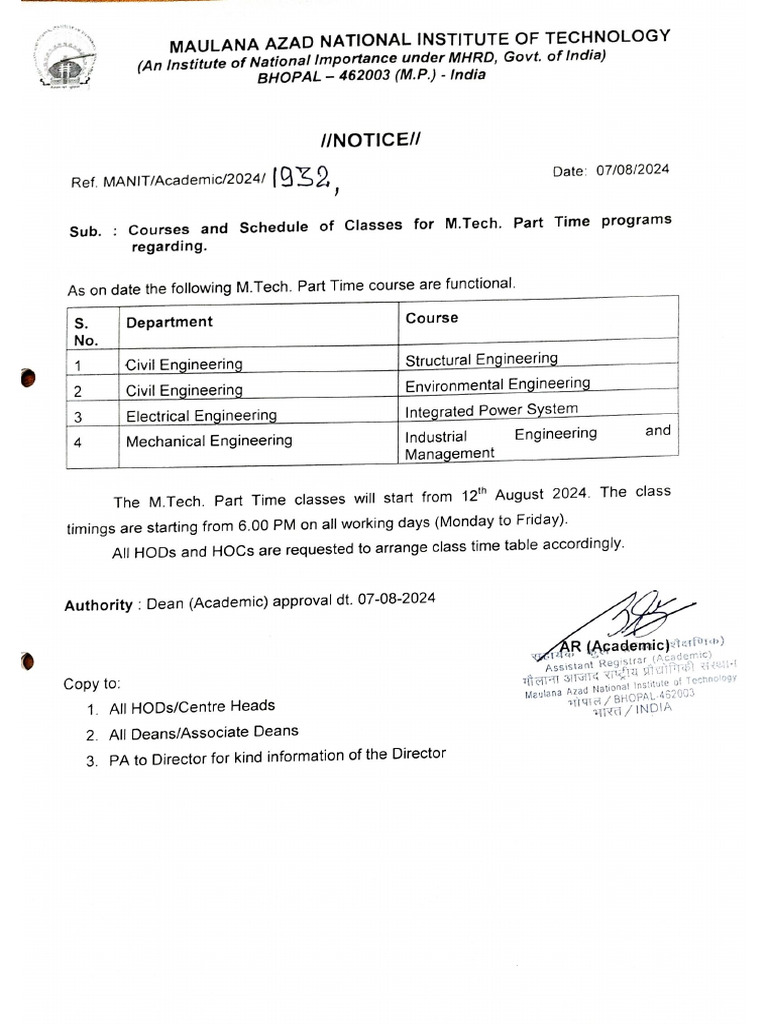 Part Time M Tech Schedule | PDF